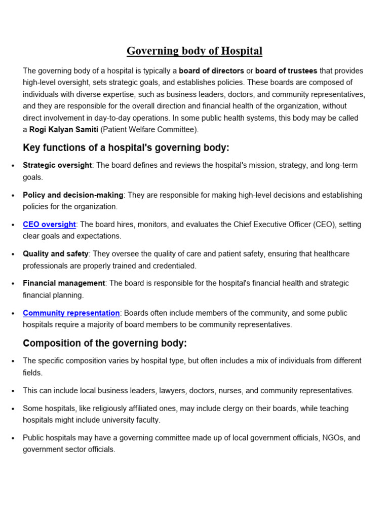 Hospital Governing Body Overview | PDF