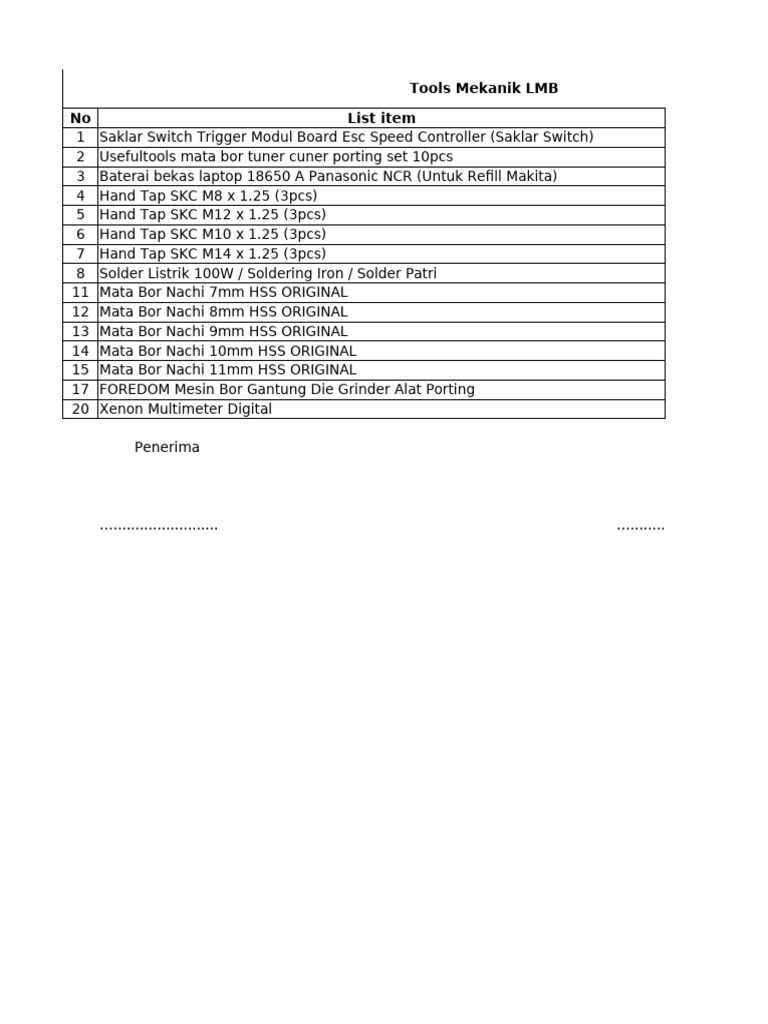 Tools Mekanik LMB: Equipment List | PDF
