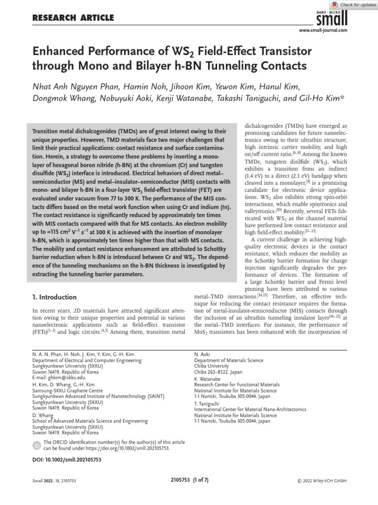 Small - 2022 - Phan - Enhanced Performance of WS2 Field‐Effect Transistor Through Mono and ...