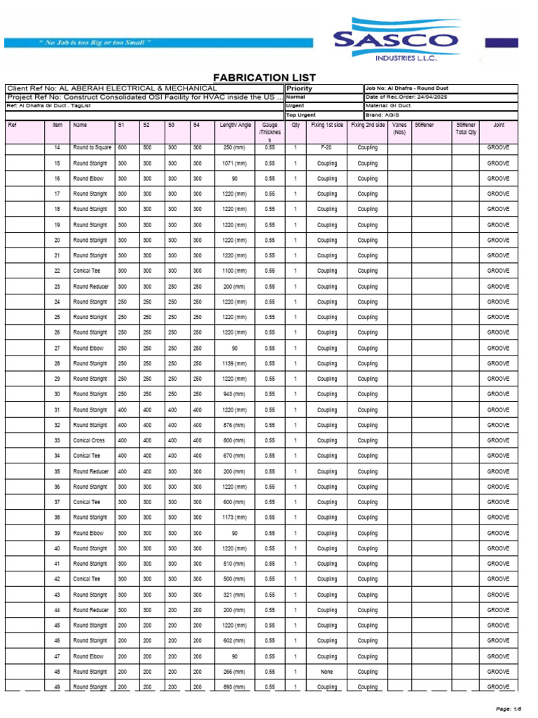 AGIS GI Duct Fabrication List | PDF | Duct (Flow) | Building Technology