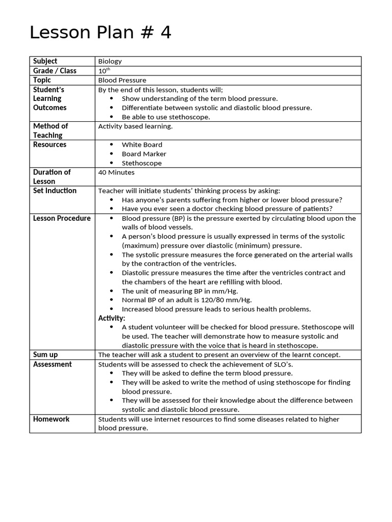 Blood Pressure Lesson Plan for 10th Grade | PDF | Blood Pressure | Diastole