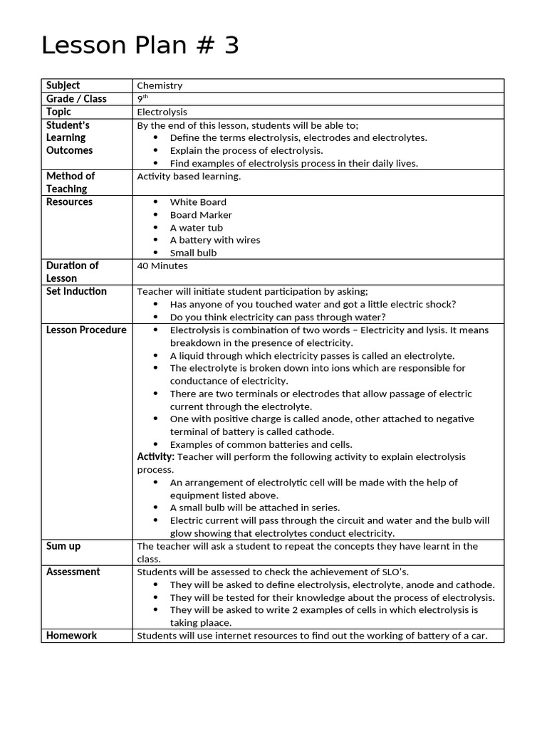 Lesson Plan - Electrolysis | PDF | Anode | Electrolyte