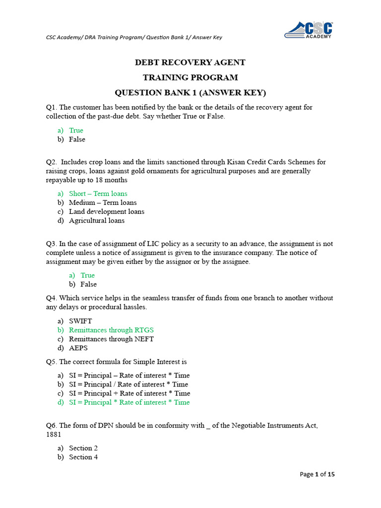 DRA - Question Bank 1 - Answer Key | PDF | Debt | Banks