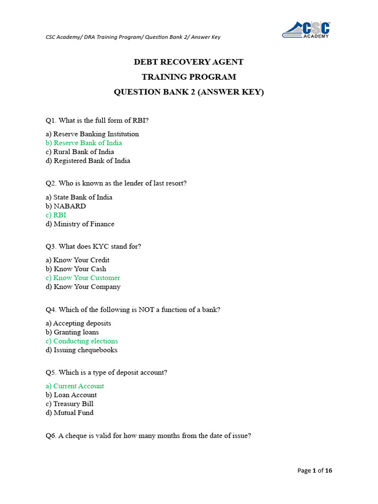 DRA - Question Bank 2 - Answer Key | PDF | Banks | Loans