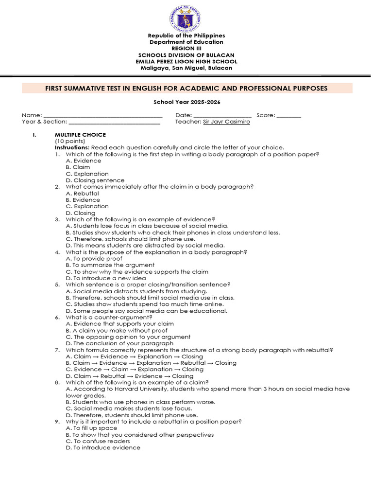 1st Summative Test PDF Version Eapp | PDF