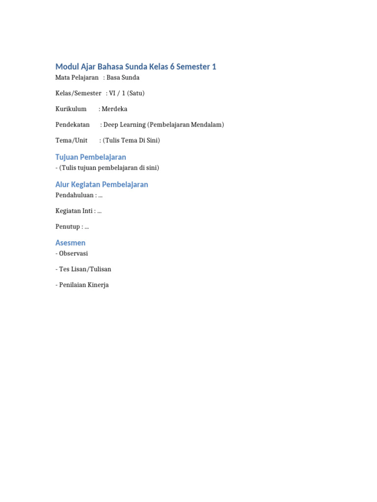 Modul Ajar Bahasa Sunda Kelas 6 Semester 1 Template | PDF