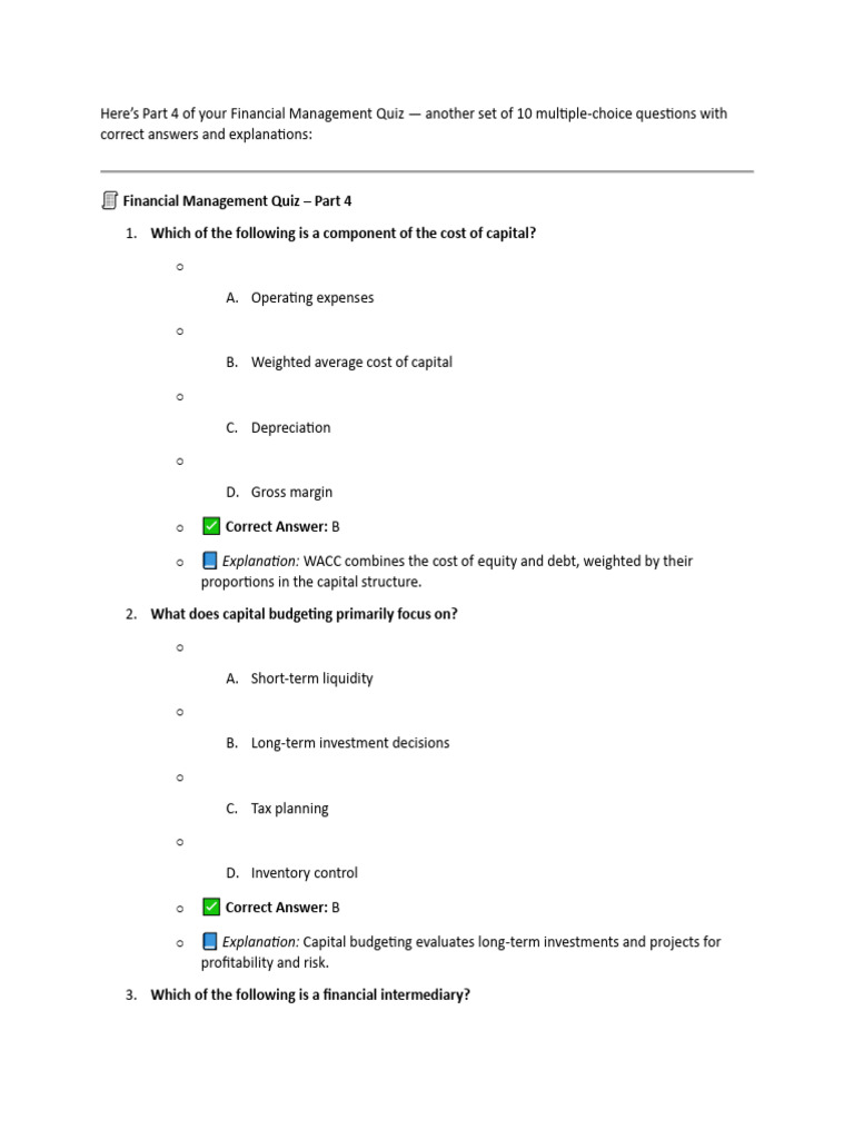Financial Management Quiz Part 4 | PDF | Cost Of Capital | Dividend