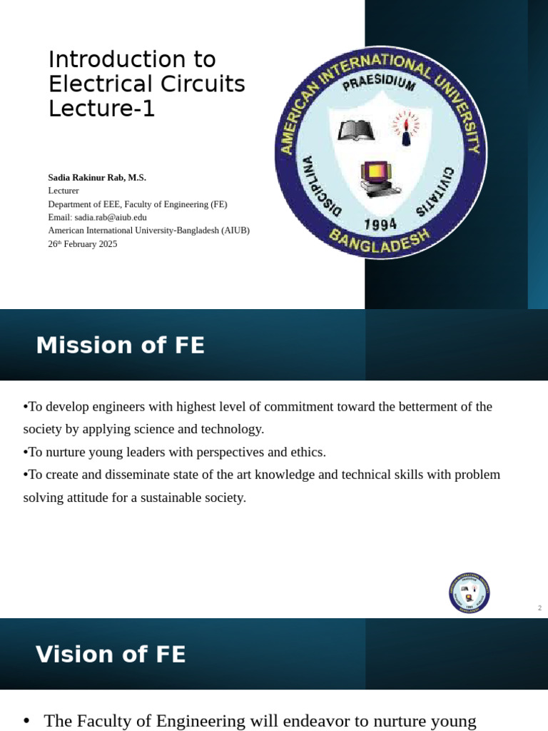 AIUB - Intro To Electrical Circuits - Lecture 1 | PDF | Voltage ...