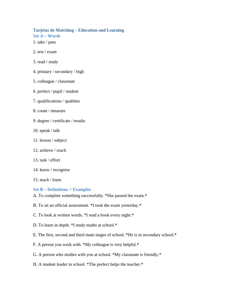 Matching Cards for Education Terms | PDF