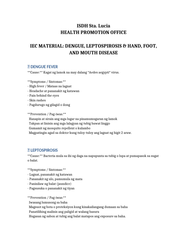 Iec Dengue Lepto HFMD Isdh | PDF