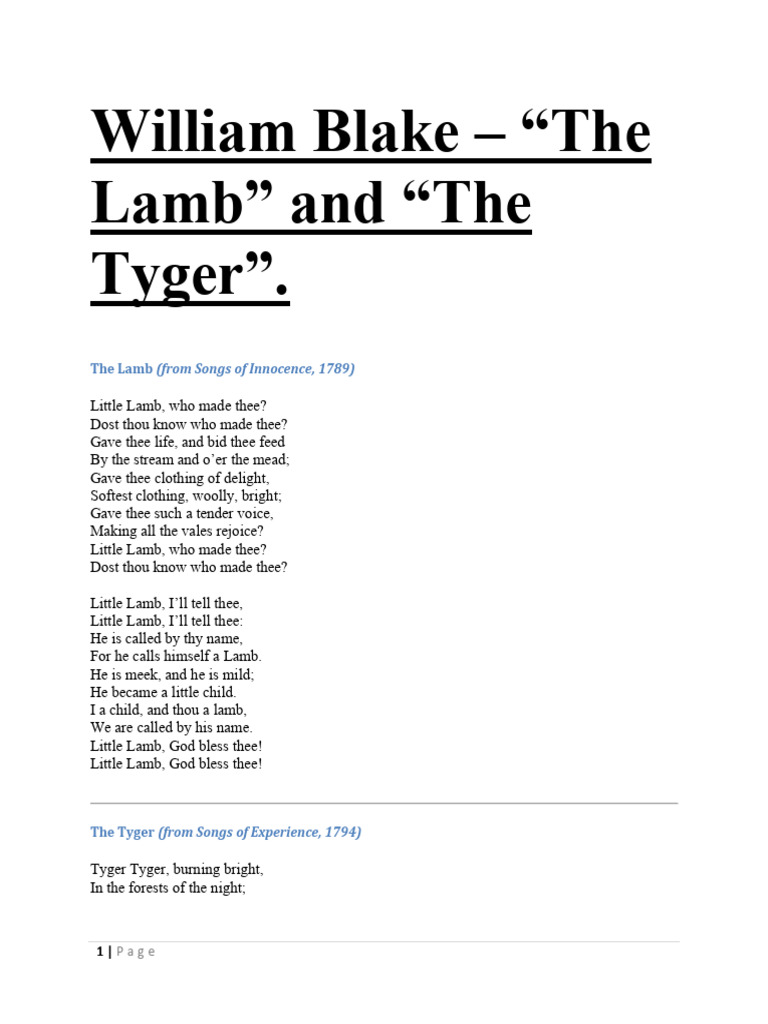 Blake's "The Lamb" and "The Tyger" Analysis | PDF | William Blake ...