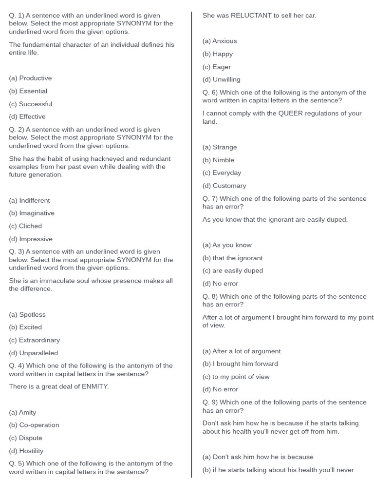 Synonyms, Antonyms, and Grammar Quiz | PDF | Expense | Employment