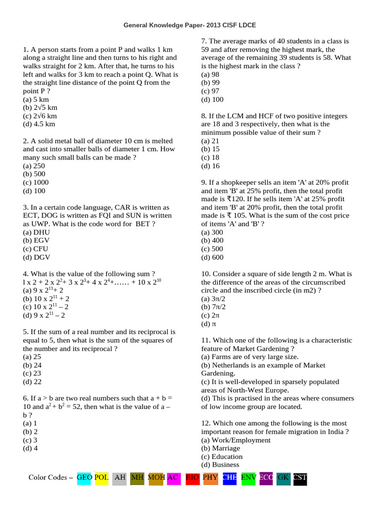 General Knowledge Paper 2021 CISF LDCE | PDF