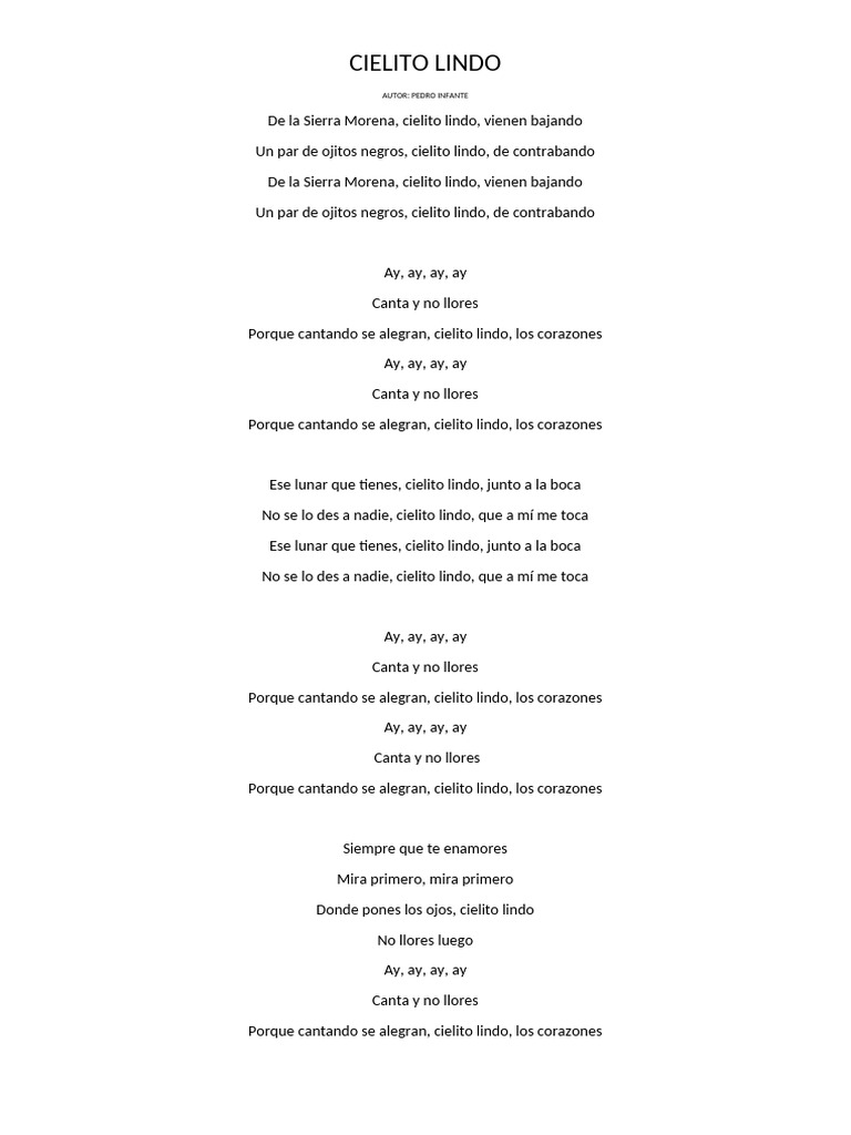 Letras de "Cielito Lindo" de Pedro Infante | PDF