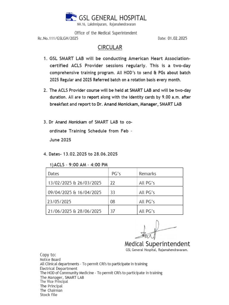 ACLS Training Schedule at GSL Hospital | PDF