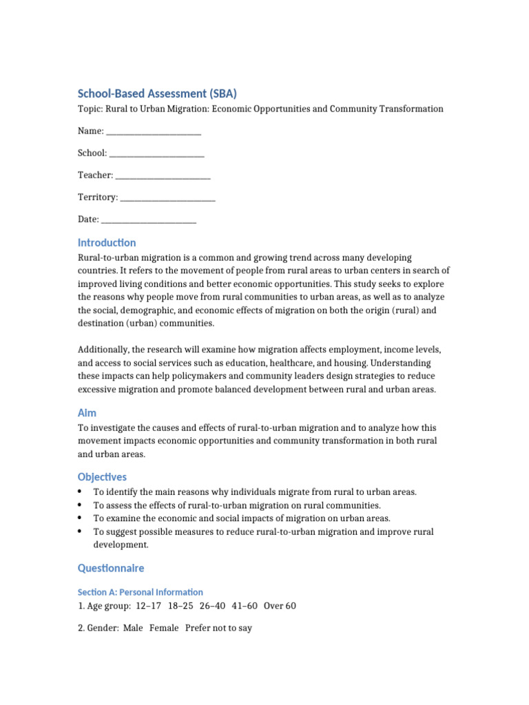 Rural To Urban Migration SBA | PDF | Human Migration | Urbanization