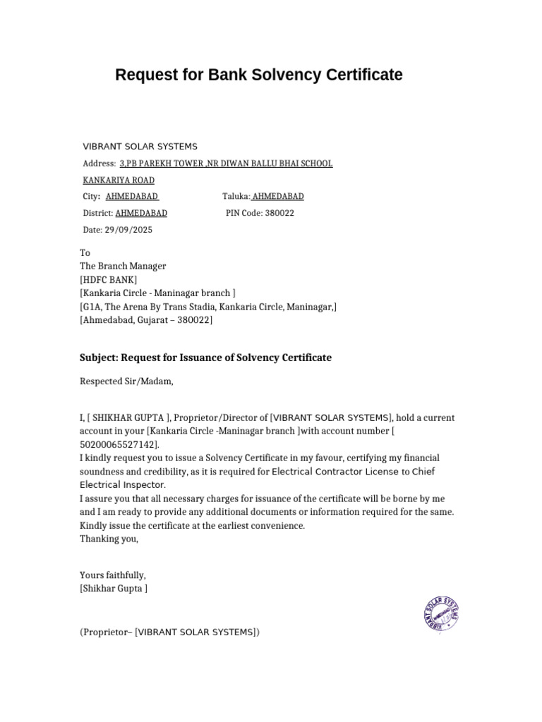 Bank Solvency Certificate Request 3 | PDF