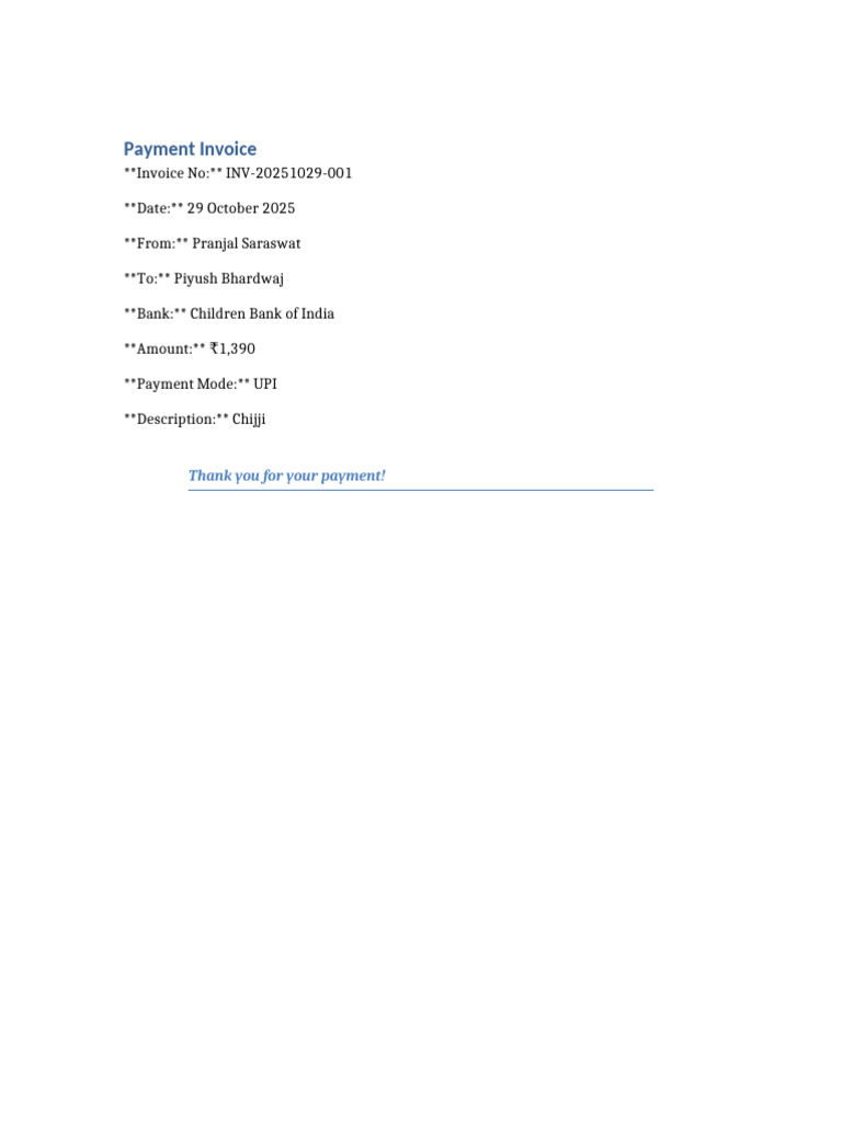 Payment Invoice Pranjal To Piyush 29oct2025 | PDF