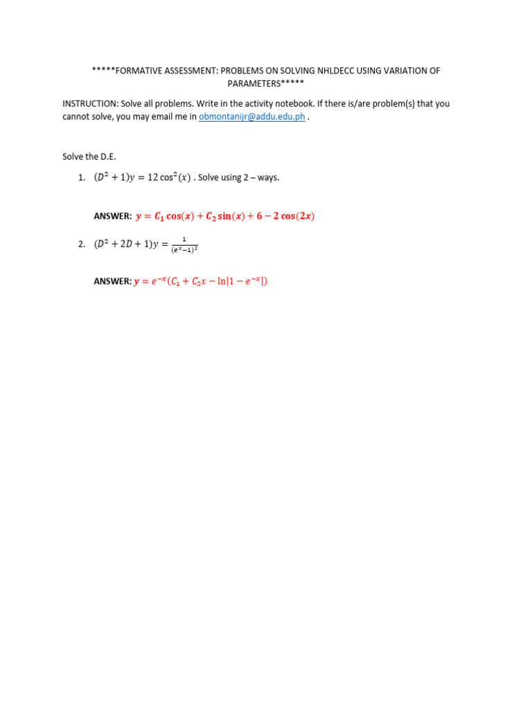 Formative Assessment 10 - Nhldecc Variation of Parameters | PDF