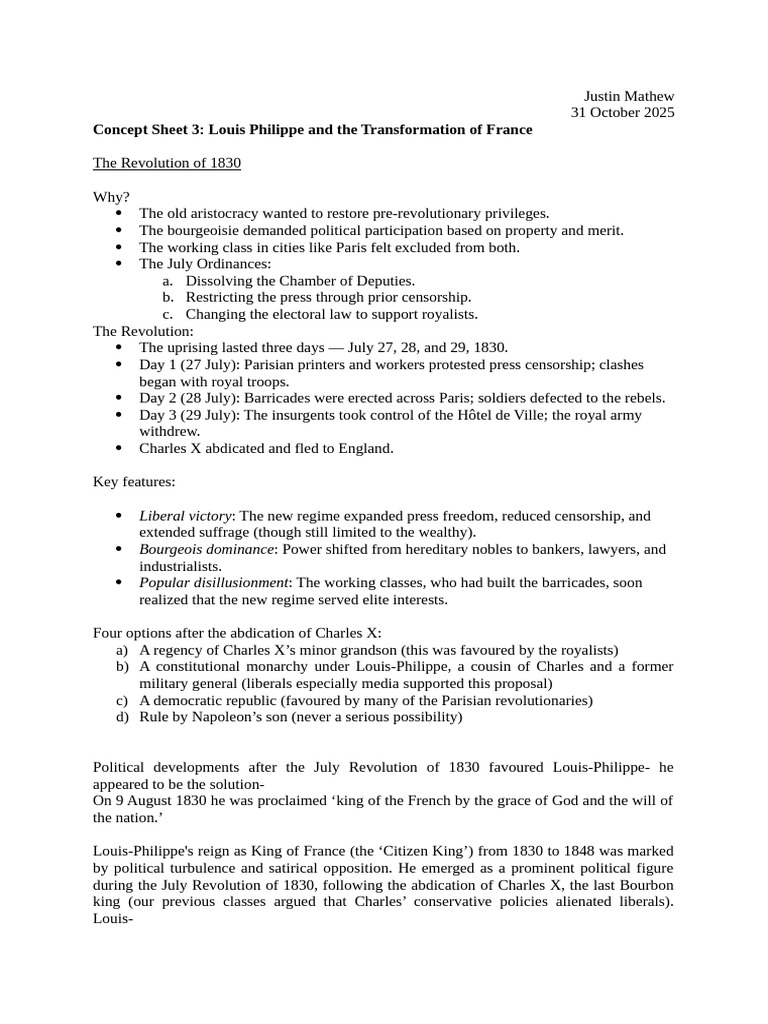 Concept Sheet 3 - Louis-Philippe | PDF | France | Bourgeoisie