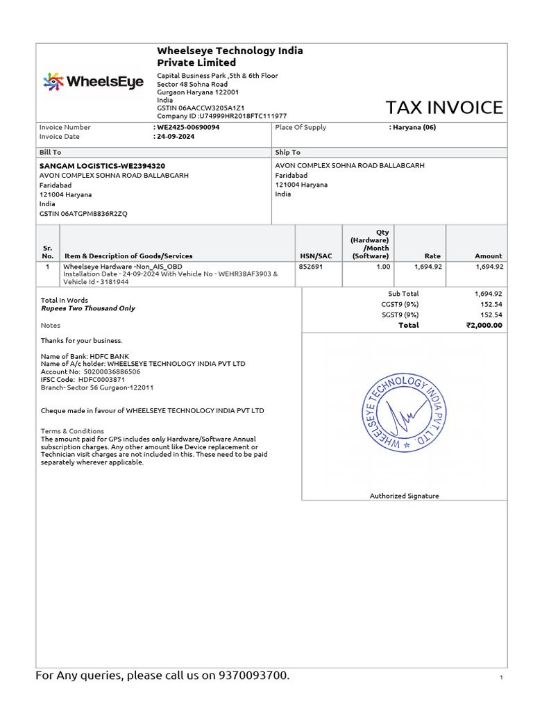Tax Invoice for Wheelseye Services | PDF