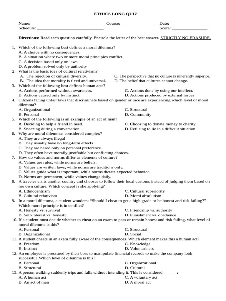 Ethics Long Quiz | PDF | Morality | Reason