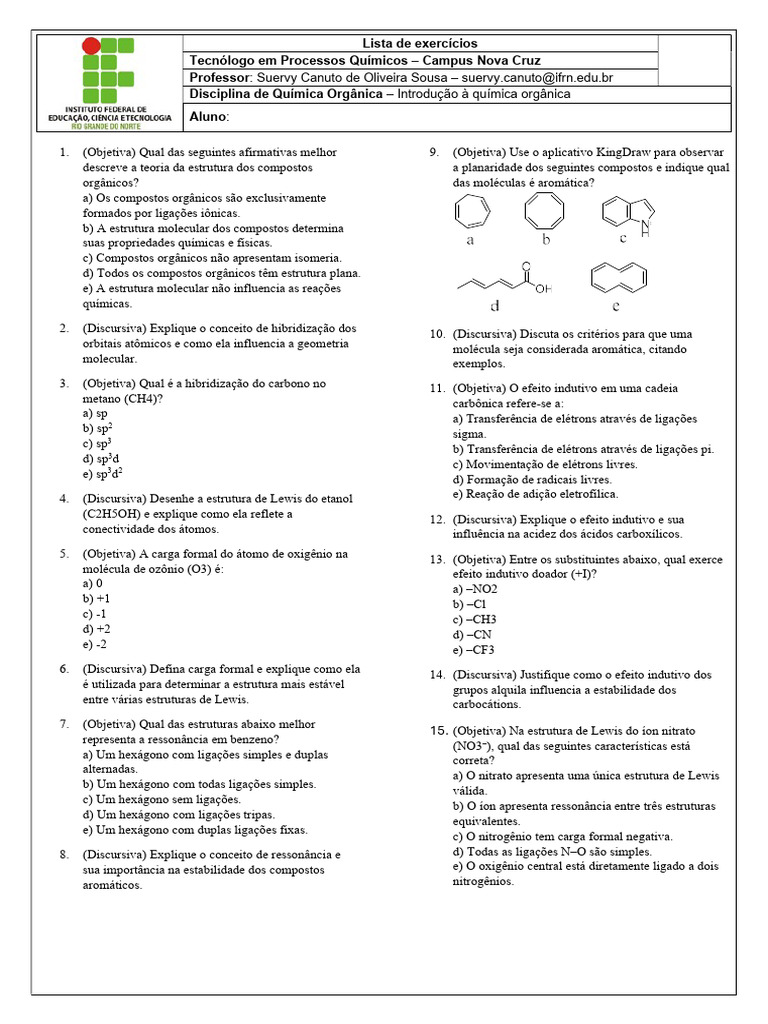 Lista de Exerc-cios - Introdu--o - Qu-mica Org-nica Perplexity | PDF | Aromaticidade | Moléculas