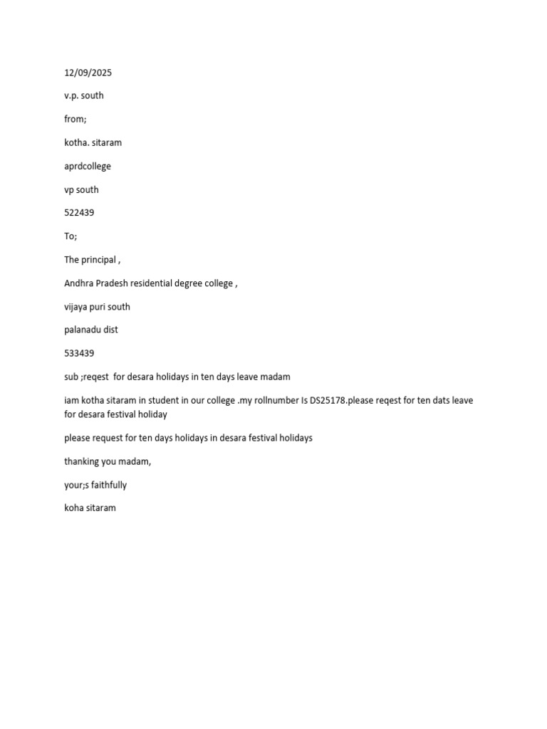 Kotha Sitaram First Leave Letter | PDF