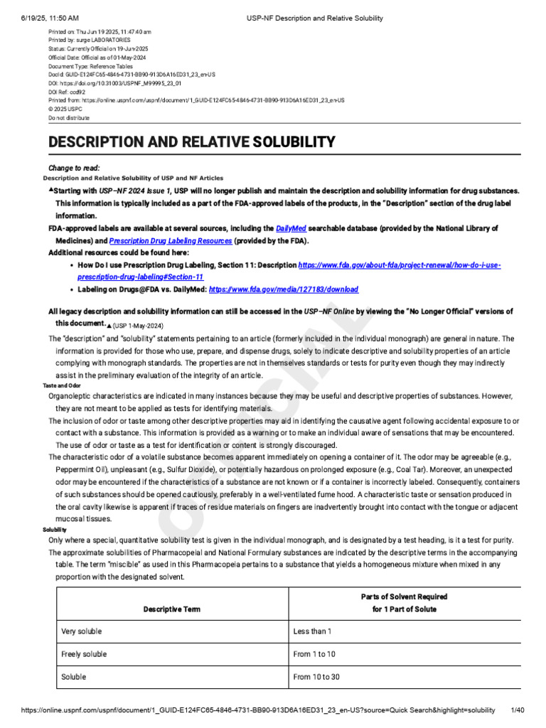 USP-NF Description and Relative Solubility | PDF | Ethanol | Solubility