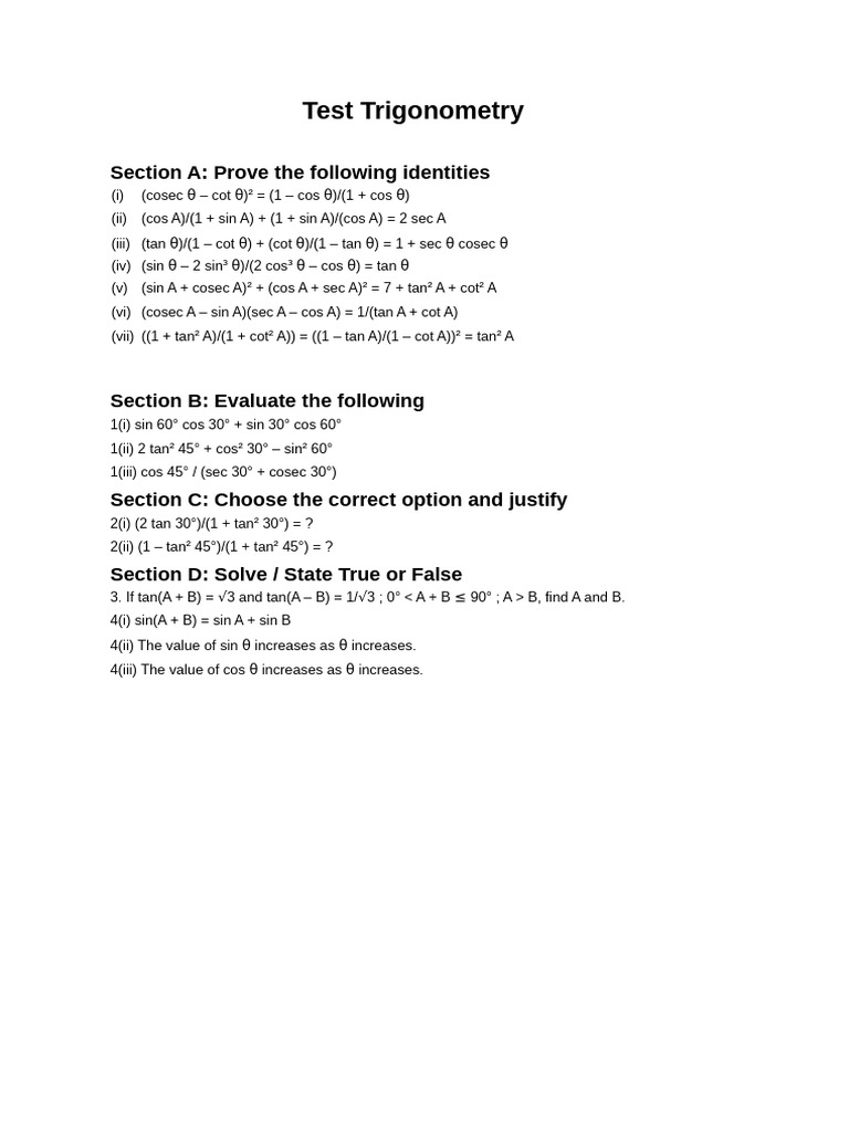Mixed Trigonometry Worksheet | PDF