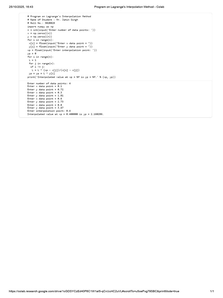 Program On Lagrange's Interpolation Method - Colab | PDF