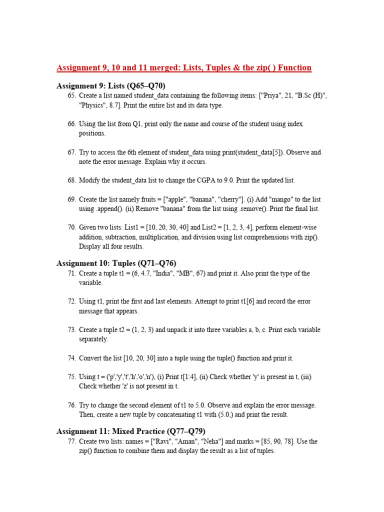 9 10 11 Assignment Lists and Tuples | PDF