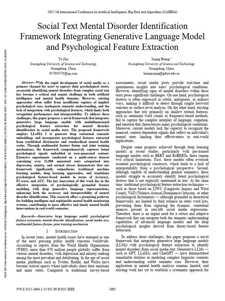 2025 IEEE Social Text Mental Disorder Identification Framework Integrating Generative Language ...