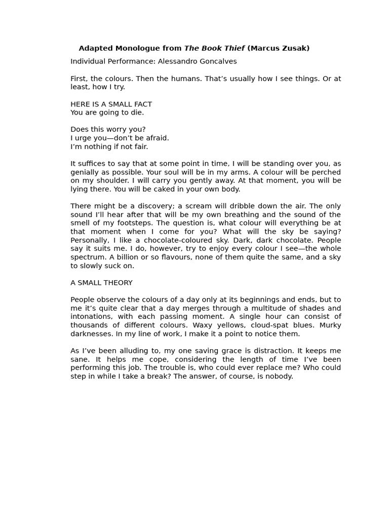 Monologue Analysis: The Book Thief | PDF