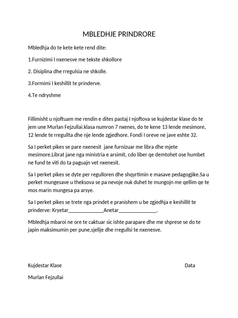 Proces Verbal Mbledhje Prindrore | PDF