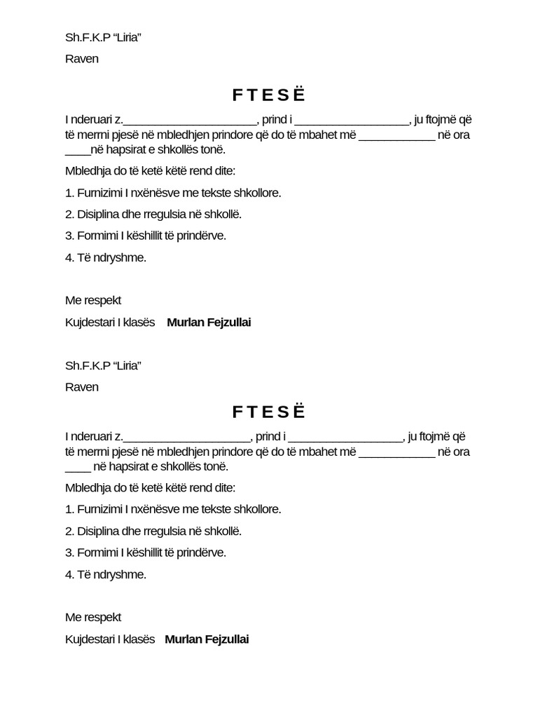 F T E S Ë Per Mbledhje Prindrore | PDF