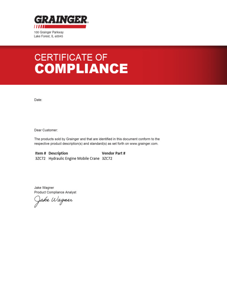 Grainger Product Compliance Certificate | PDF