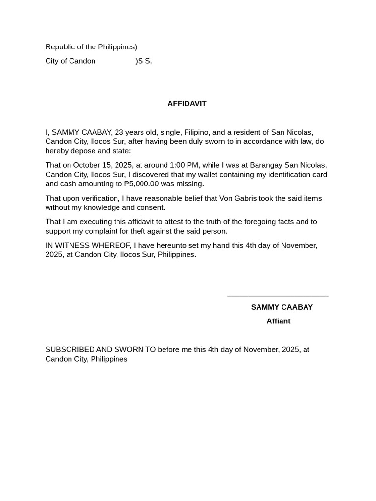 Affidavit of Theft in Candon City | PDF