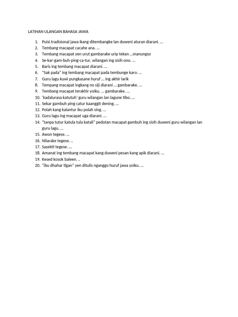 Latihan Ulangan Bahasa Jawa | PDF