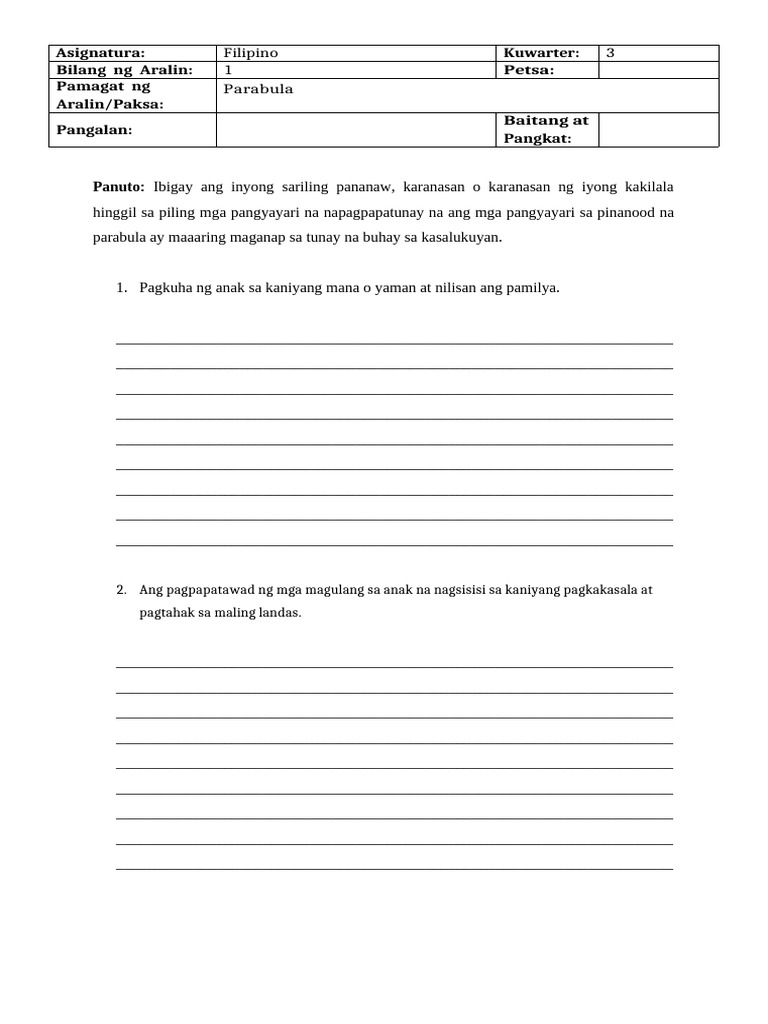 FIL 9 - Pagsasanay 1 | PDF