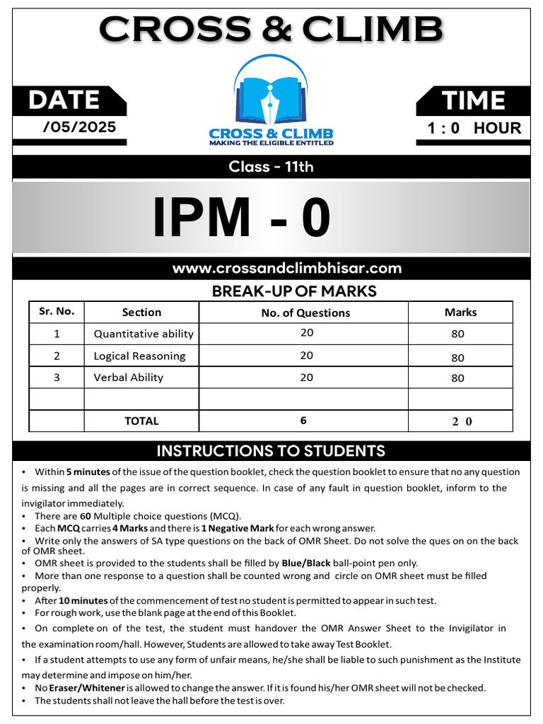11th IPM 24-05-2025 With Key | PDF | Multiple Choice