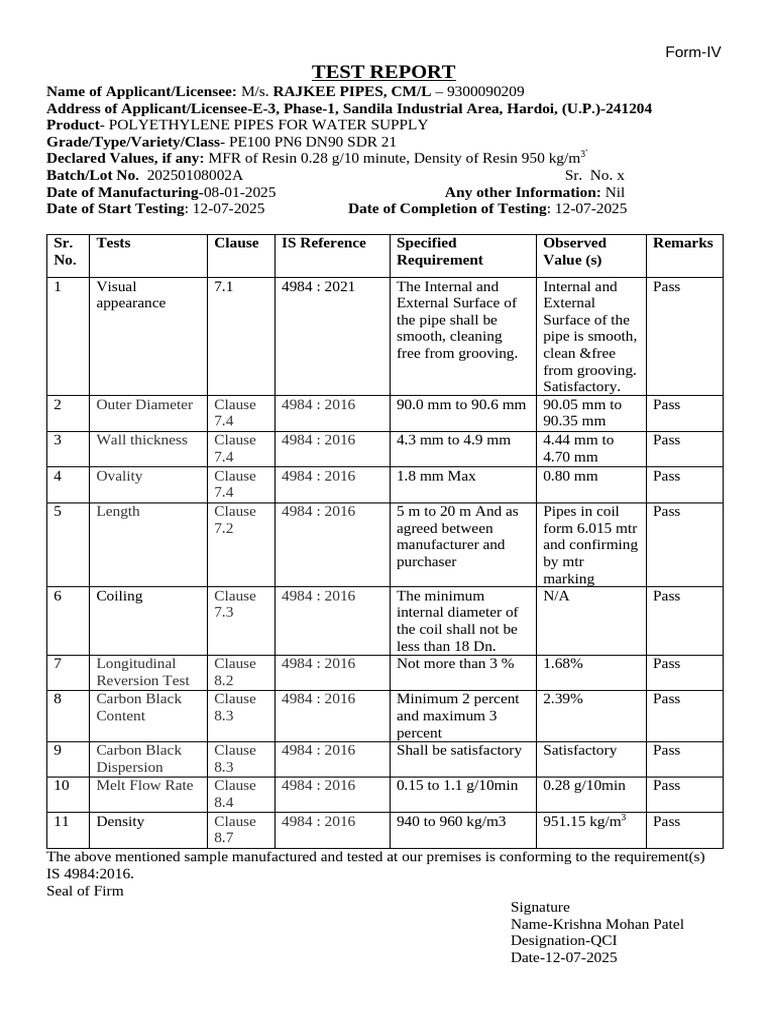 FTR Is 4984 90MM 20250712 | PDF | Pipe (Fluid Conveyance) | Building ...