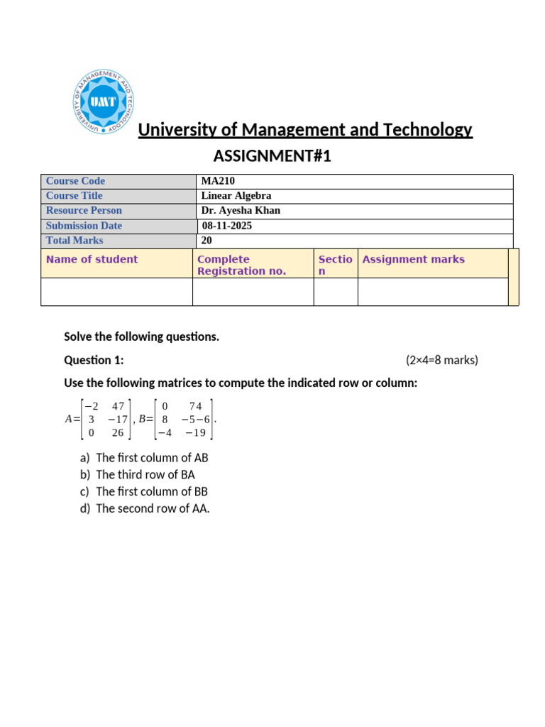 Assignment 1 Linear Algebra | PDF