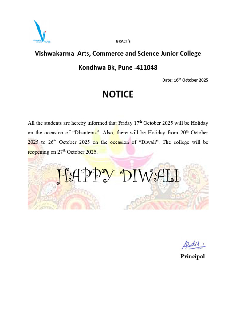 SYJC Notice Diwali | PDF