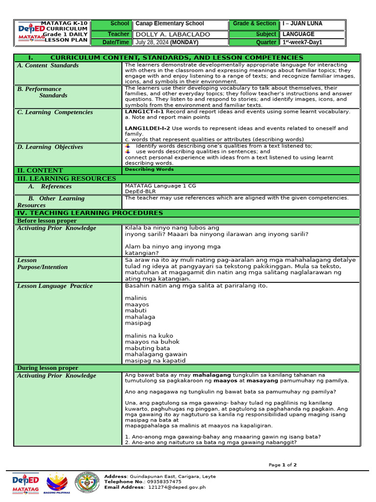Q1W7 - DLP-Language - Day1 | PDF