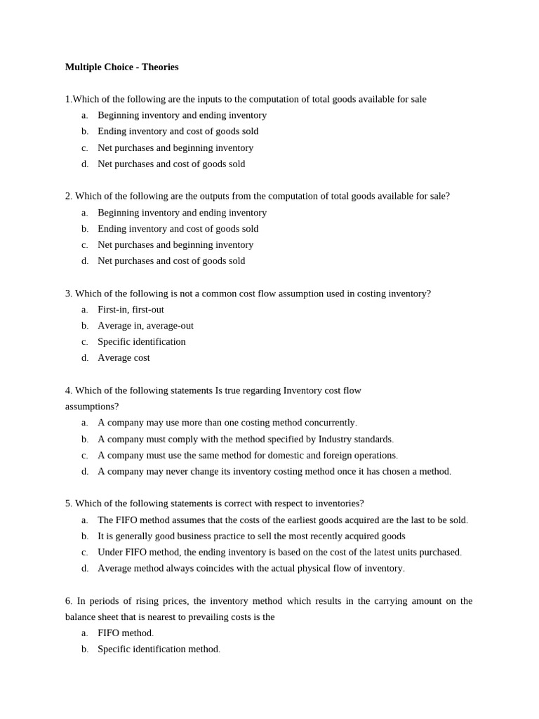 Inventory Cost Flow Assumptions Quiz | PDF | Cost Of Goods Sold | Inventory