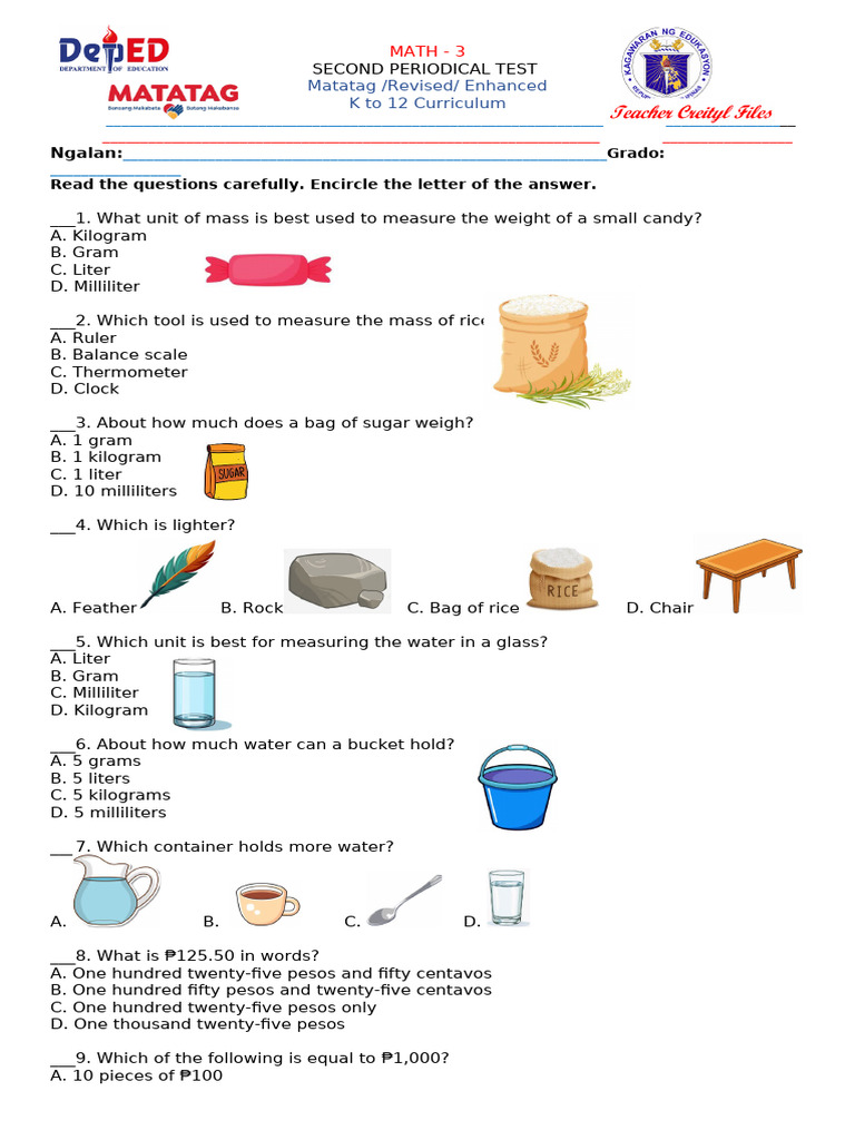 Math 3 Q2 PT | PDF | Litre | Kilogram