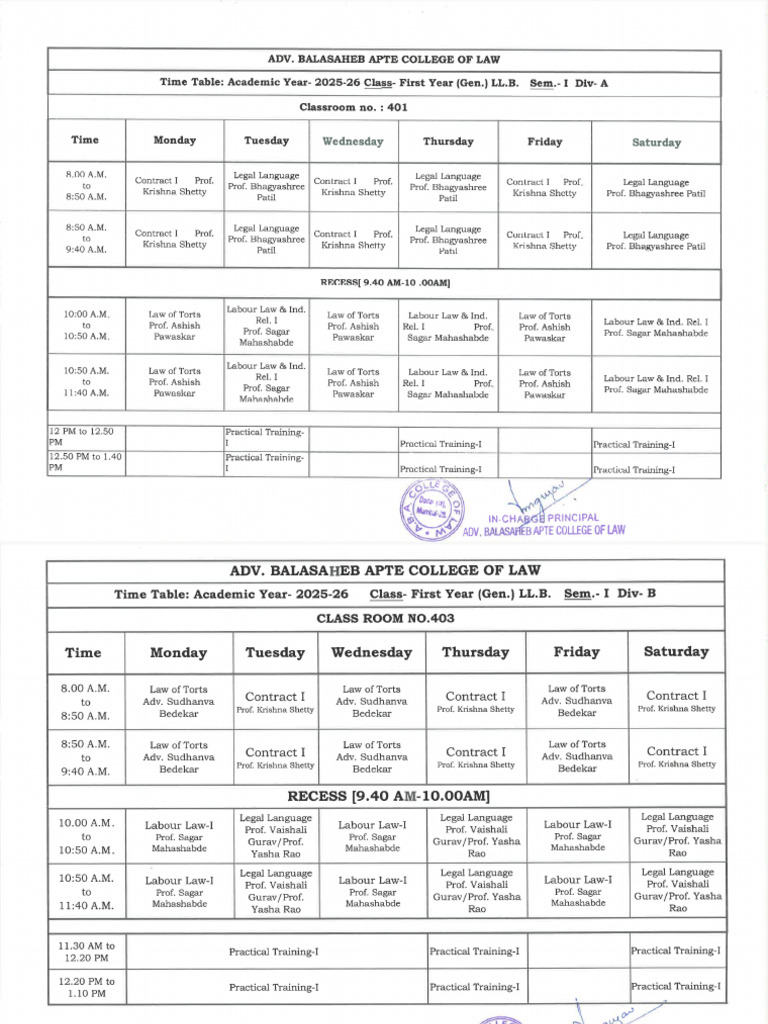 Lectures Time Table of First Year Gen. Ll.b. (Sem. I) A.Y. 2025-26 (Div ...