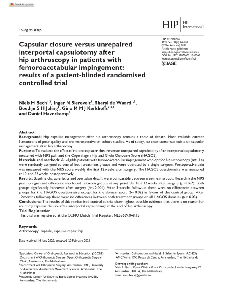 Bech Et Al 2021 Capsular Closure Versus Unrepaired Interportal ...