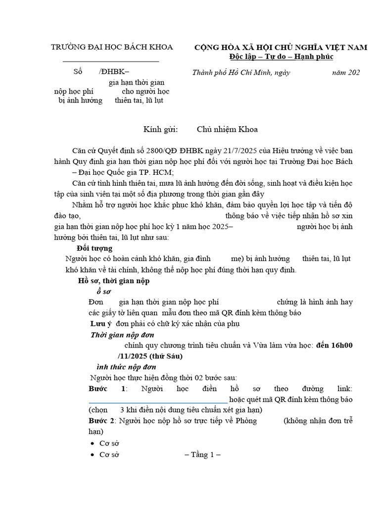 305 11 2025 - TB Gia Han Thoi Gian Nop Hoc Phi SV HK251 Bi Anh Huong Thien Tai Lu Lut | PDF